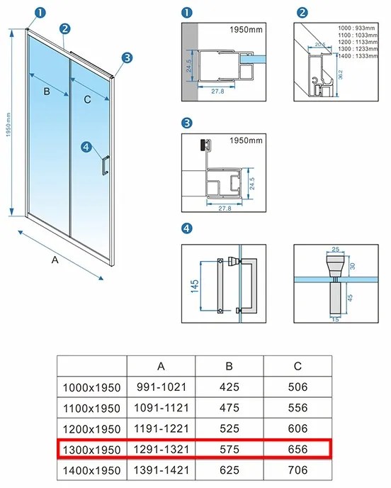 BPS-koupelny Posuvné sprchové dveře HYD-PD14D 130 černá/transparent pro instalaci do niky - bez vaničky