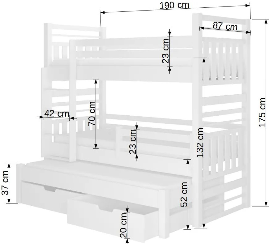ADRK Furniture Třílůžková patrová postel s matracemi HIPPO 180x80 CH-Hip-Oak-190+M-E1886