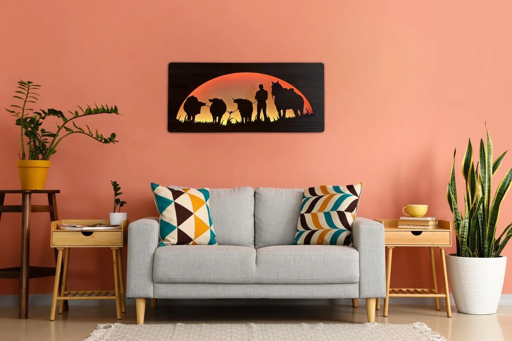 Li-Go "Člověk, kůň a býk" světelný obraz s baterií RGBW 100x45 cm varianta: ovládání na obraze včetně dálkového ovladače, provedení: ořech