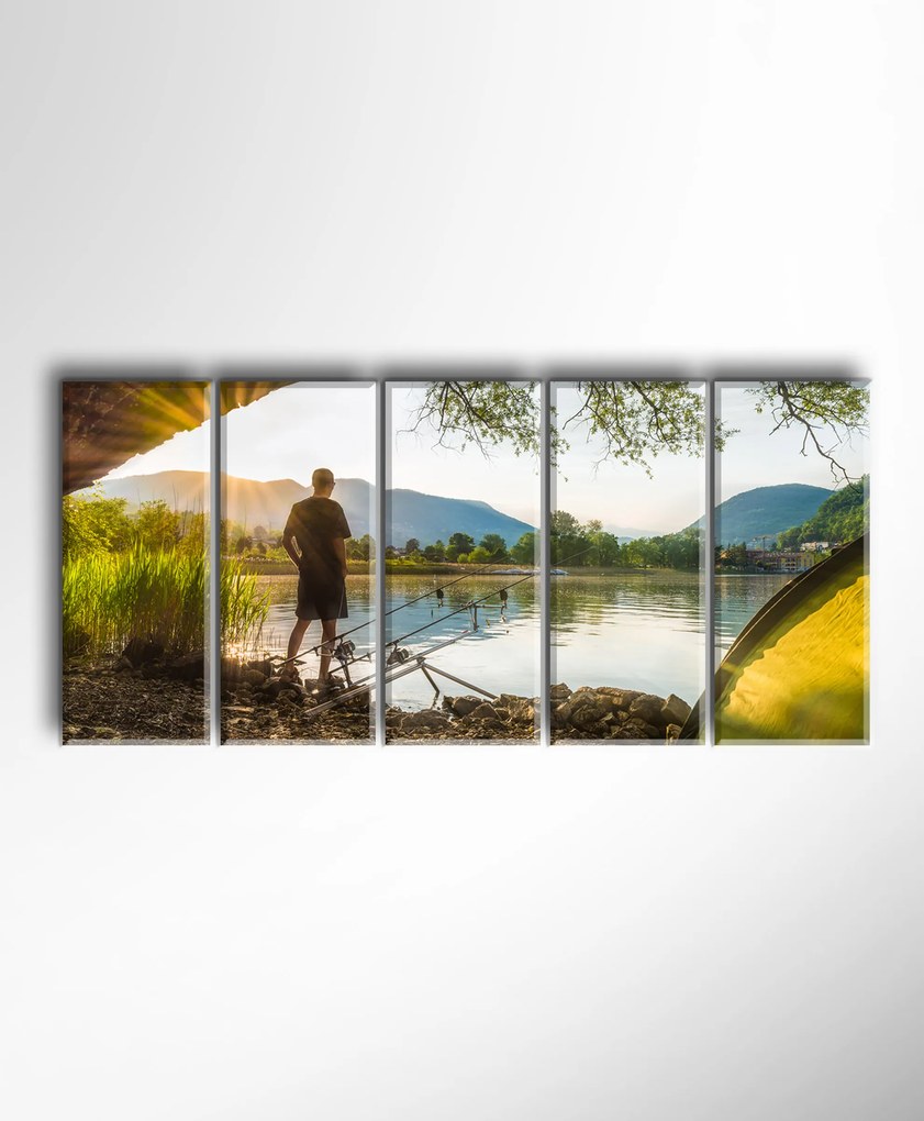 Malvis ® Obraz Východ slunce a rybář ROZMĚR (šířka x výška): pětidílný obdélník 150x60 cm