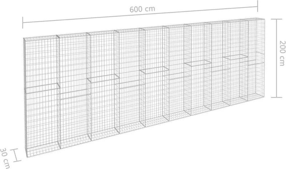 Gabionová zeď s víky z pozinkované oceli 600 x 30 x 200 cm 144915
