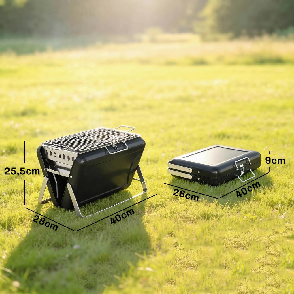Gril na dřevěné uhlí z nerezové oceli BBQ udírna s grilovacím roštem rukojeť skládací nohy pro grilování kempování 40x28x25,5cm černá