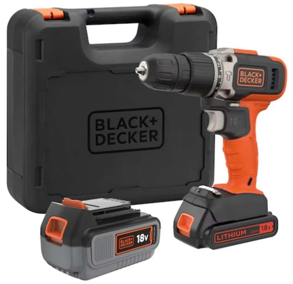 BLACK+DECKER - 18V AKU vrtačka s příklepem, 1x aku 2,0 Ah a 1x aku 4,0 Ah Li-Ion, nabíječka BCD003MEM2K-QW