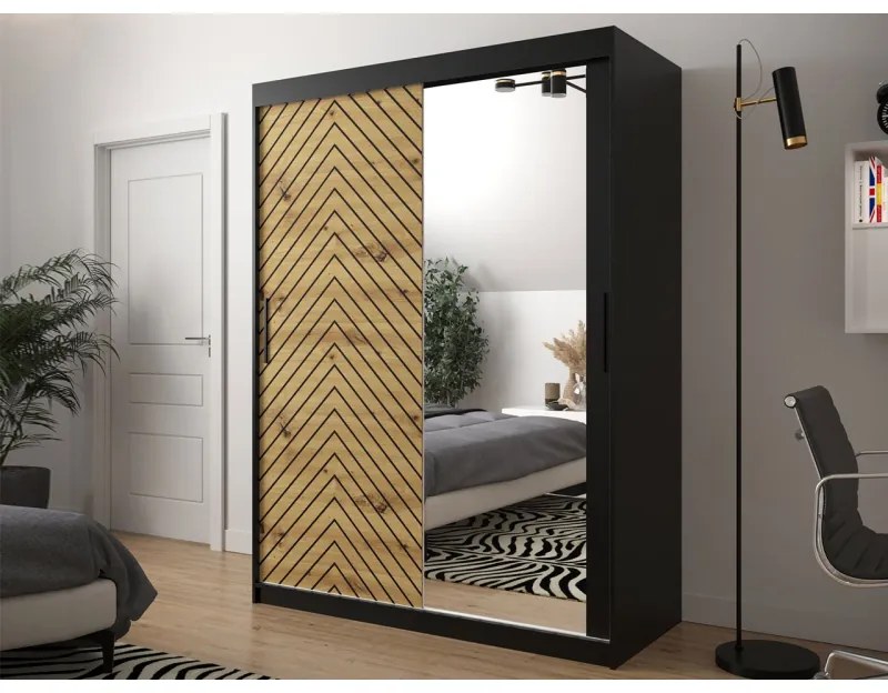 Posuvná skříň se zrcadlem Ratintu 2 150 cm, Úložný prostor: ano, Barva: černá / dub artisan + černá