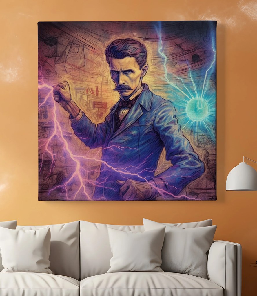 Obraz na plátně - Nikola Tesla pán blesků FeelHappy.cz Velikost obrazu: 80 x 80 cm