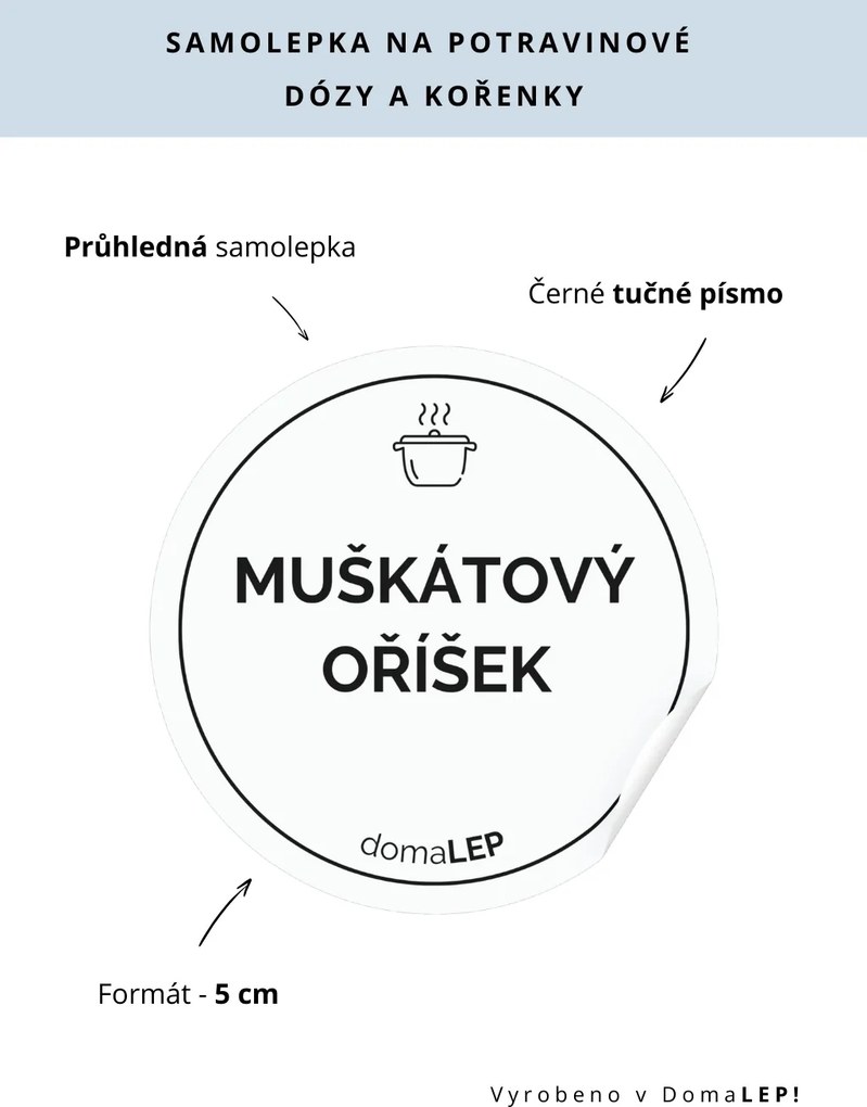 Samolepka na kořenky MUŠKÁTOVÝ OŘÍŠEK průhledná 5 cm tučné písmo