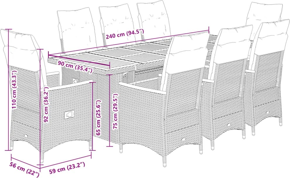 9dílný zahradní bistro set s poduškami černý polyratan 3277249