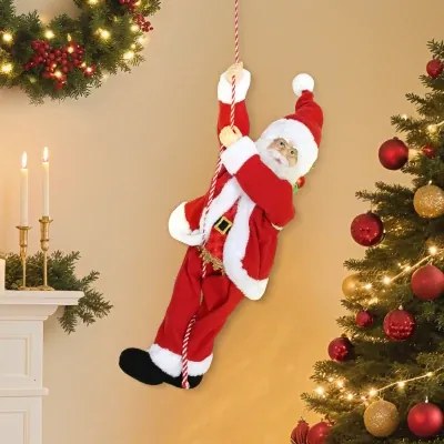 HOMCOM Santa Claus 60 cm zpívající a lezoucí Santa Claus s dárkem, lanová zvuková funkce do interiéru, červený