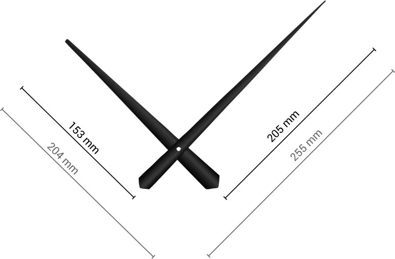 Černé špičaté hliníkové ručičky na hodiny 205 mm | 153 mm