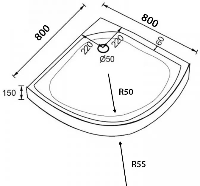BPS-koupelny Čtvrtkruhový sprchový kout HYD-RK01A 80x80 cm černá/transparent + vanička HYD-RSV-SXL01A bílá