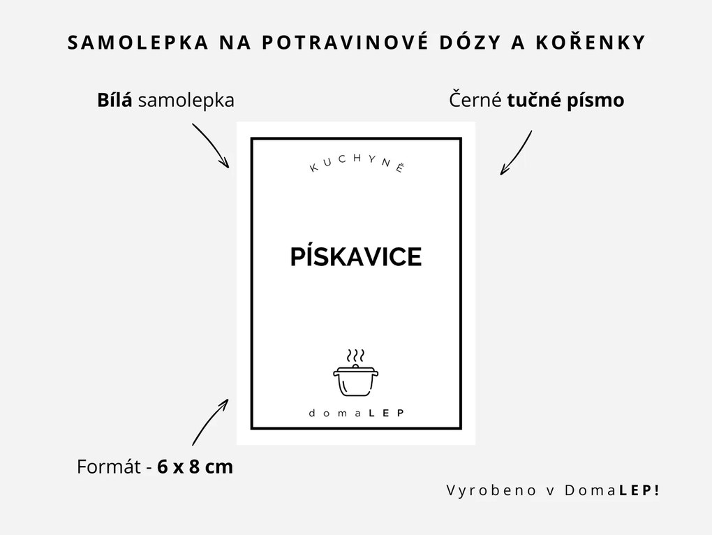 PÍSKAVICE - omyvatelná samolepka na kořenky, výběr rozměrů Ø 5 cm / 5 x 5 cm / 6 x 8 cm | DomaLEP tvar: KOLEČKO, barva: BÍLÁ - ČERNÉ písmo, velikost: Ø 5 cm - tučné písmo