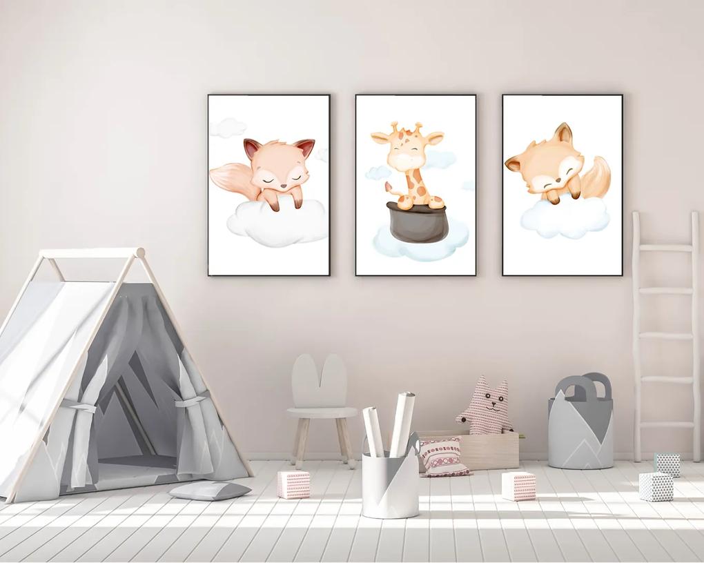 Plakát zvířátka liška na obláčku - Obraz, Plakát Velikost: B2 - 50x70 cm, Volba rámu: s bílým rámem