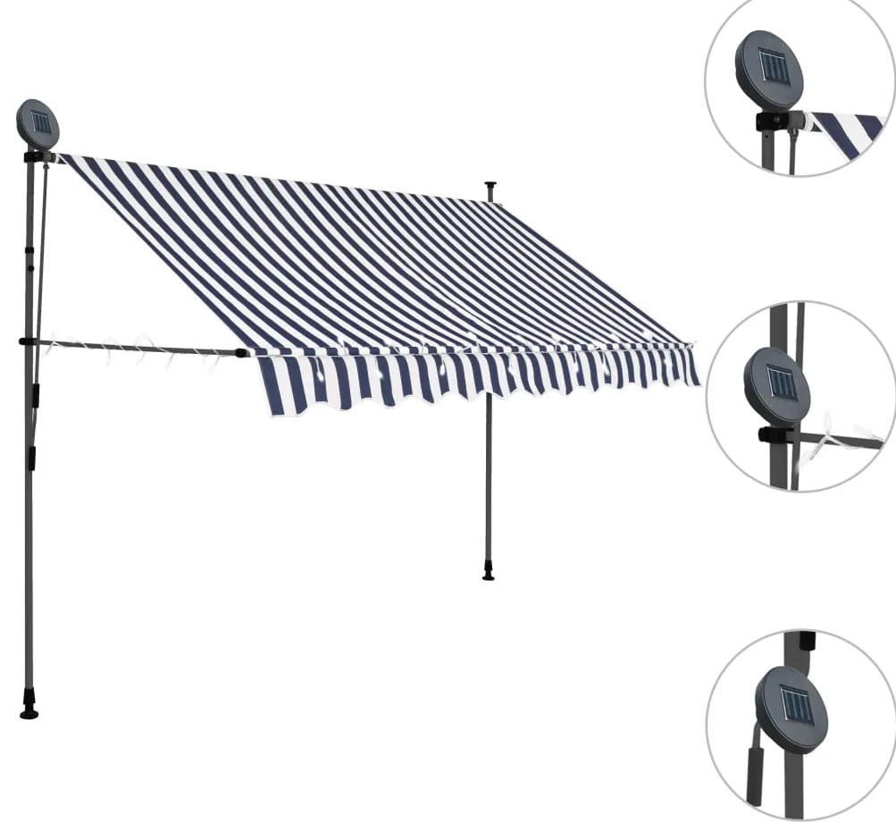 vidaXL Marketos Ručně zatahovací markýza s LED světlem 300 cm modrobílá