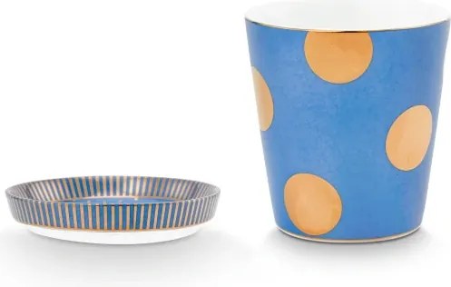 Pip Studio Dot Delight Light Blue-Gold hrnek bez ucha s odkládacím táckem 290ml, modro-zlatý (hrnek bez ucha z tenkostěnného porcelánu)