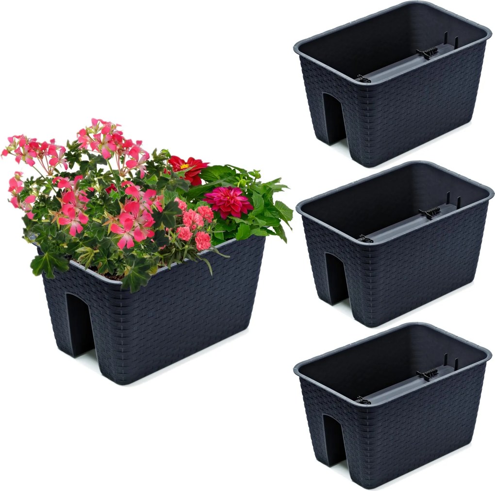3x Krabice Květináč 27,2 x 39,6 cm Rattan Antracit 13 L zábradlí