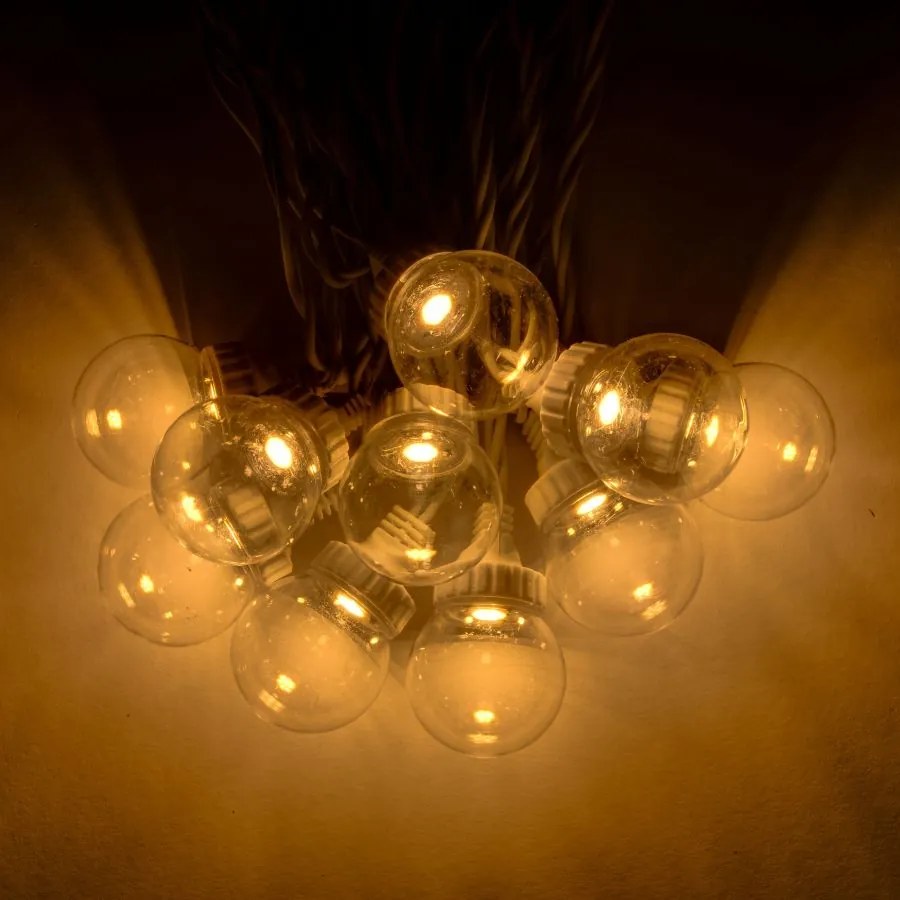LED party girlanda solární, 5 m, venkovní, teple bílá, 10 diod, průhledné baňky, čirý kabel, IP44