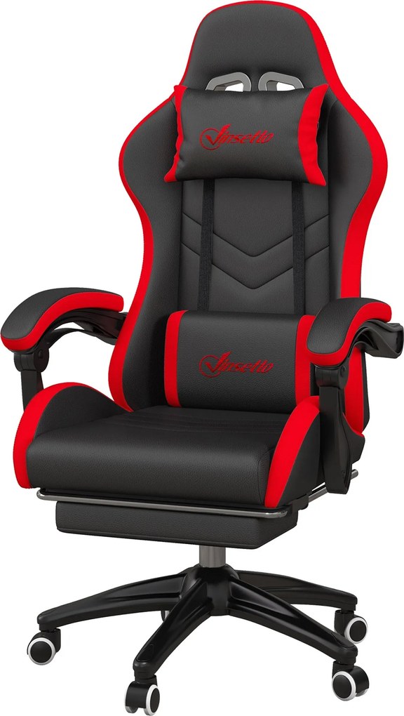 Ergonomická herní židle Vinsetto z PU kůže a oceli s opěrkou hlavy a nastavitelnou výškou, sklápěcí opěrkou a bederním polštářem, 65x65x121-129 cm, č…