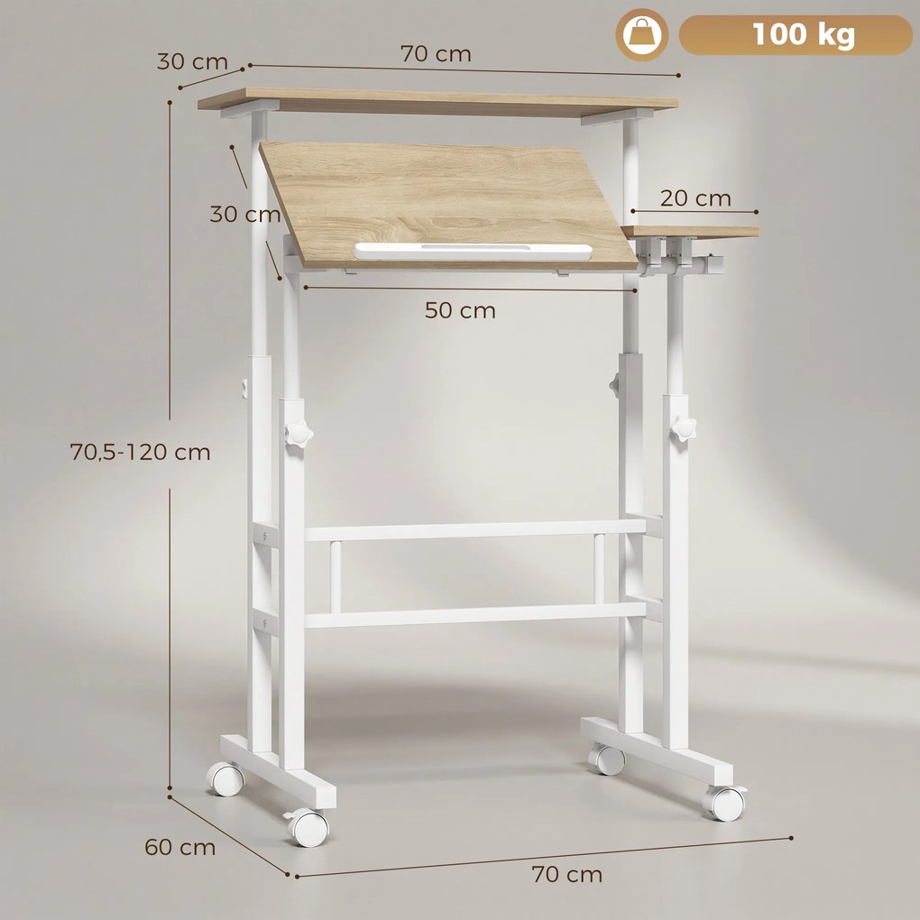 HOMCOM sedací‑stojací stůl výškově nastavitelný 70 x 60 cm na kolečkách s naklápěcí deskou, kovový rám, hnědý