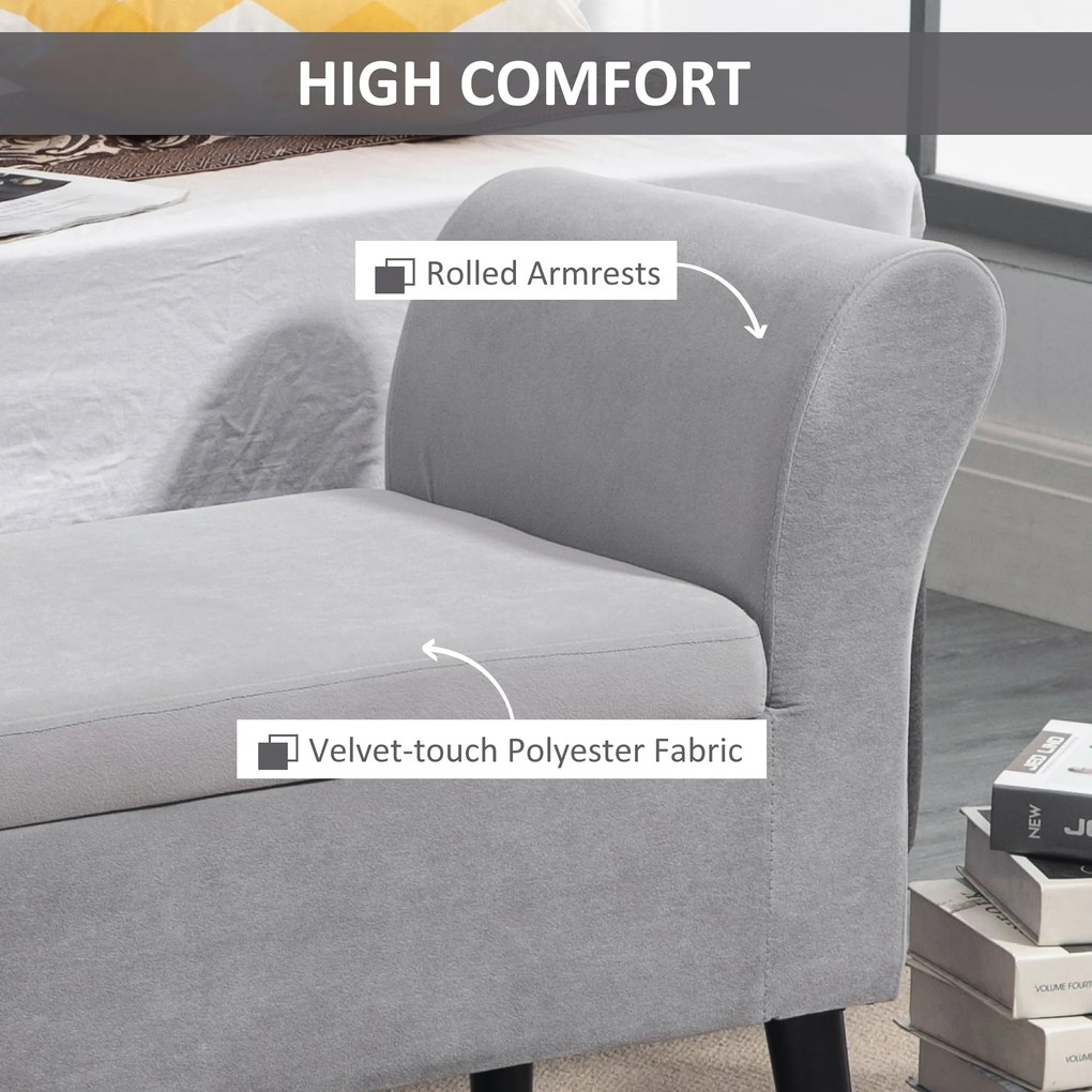 HOMCOM Světle šedá čalouněná lavice s úložným prostorem, sametový polyester, kaučukové dřevo, moderní do předsíně a ložnice | Aosom.de