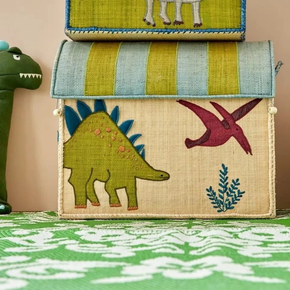 rice Dětský úložný box Raffia Dinosaur Theme S, modrá barva, zelená barva, béžová barva