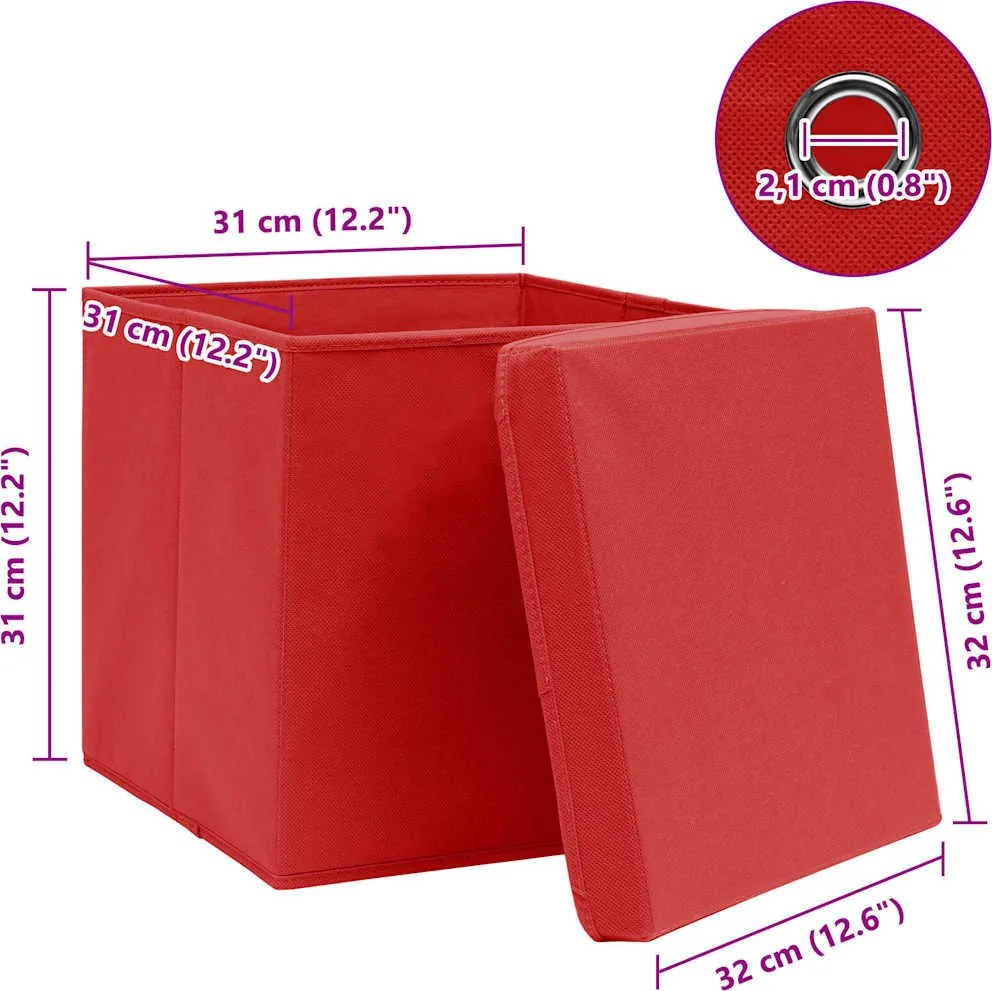 Úložné boxy s víky 4 ks červené 32 x 32 x 32 cm textil 288362