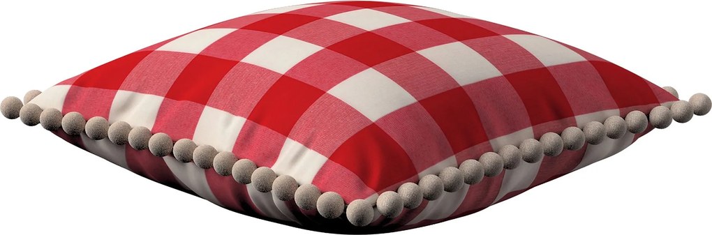 Věra - potah na polštář ozdobné bambulky po obvodu barva červená látka vzorované