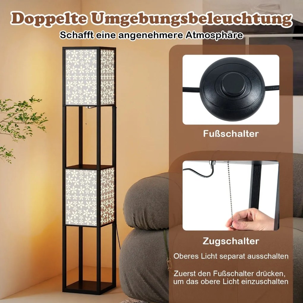 Costway 2 žárovková stojací lampa s 2 policemi Stojací lampa s 2 vyříznutým