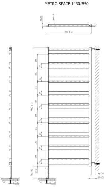 Sapho - Koupelnový radiátor METRO SPACE 525W/230V 55x143 cm matná černá