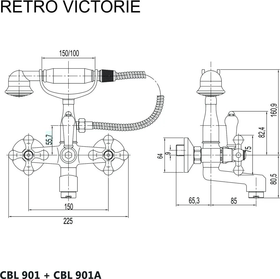 Mereo Mereo, Vanová nástěnná baterie, Retro Viktorie, 150 mm, s příslušenstvím, chrom, CBL901
