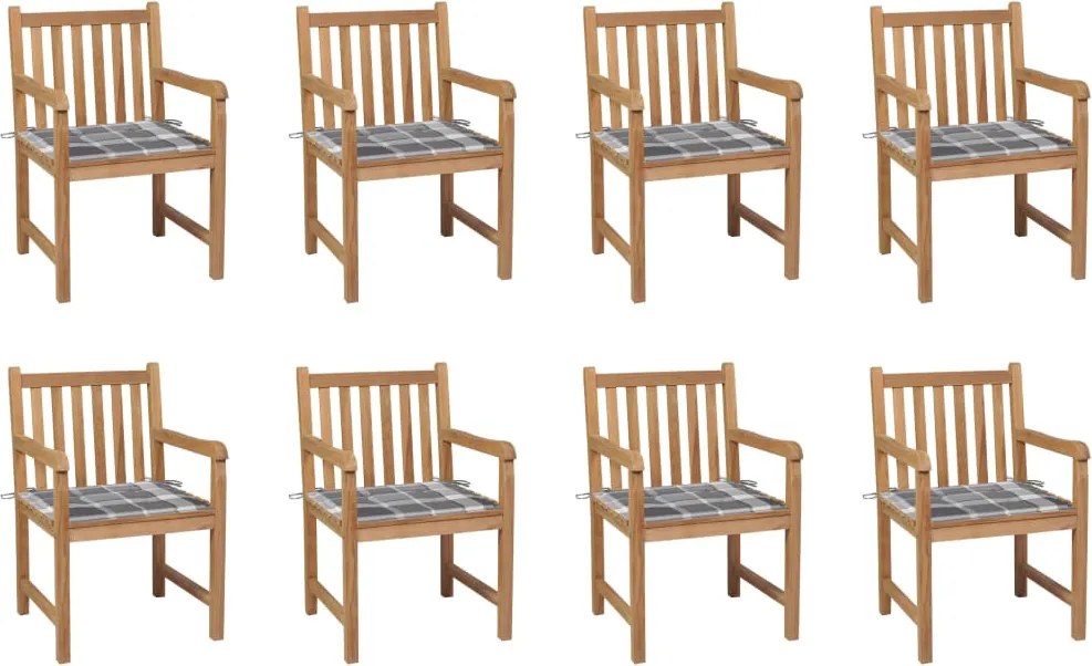 Zahradní židle 8 ks šedé kárované podušky masivní teak 3073072