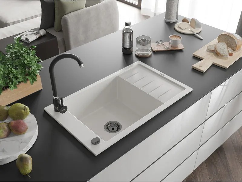 Mexen Elias, granitový dřez granitový 795x480x200 mm, 1-komorový, bílá s černým sifonem, 6511791005-20-B