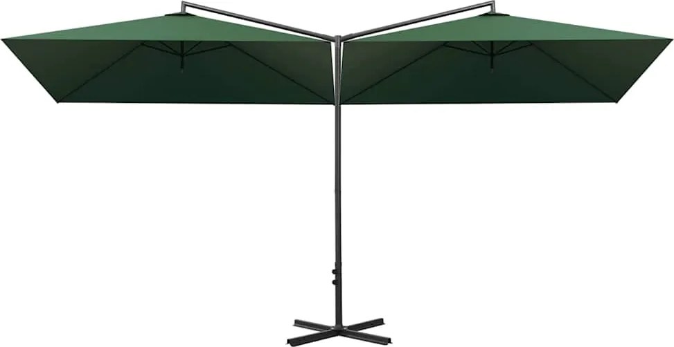 Dvojitý zahradní slunečník s ocelovou tyčí zelený 600 x 300 cm 312554