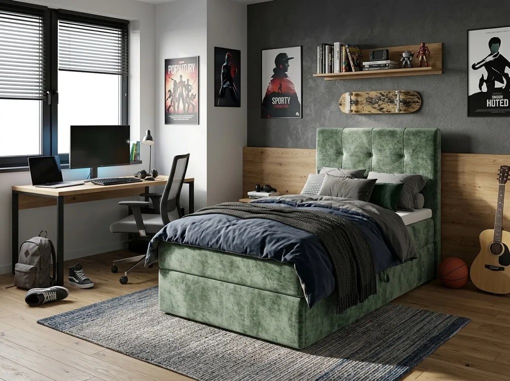 Čalouněná postel boxspring DIRELIS VIBE 90x200 cm tmavě zelená Matrace: Matrace Bonell pružinová