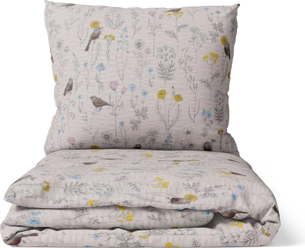 Krepové prodloužené povlečení Ptáčci v kvítí - smetanové Velikost: 140 x 220 + 70 x 90