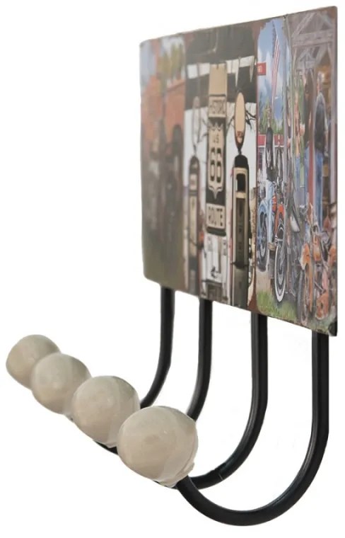Nástěnný kovový věšák se 4-mi háčky Route 66 – 40x7x18 cm