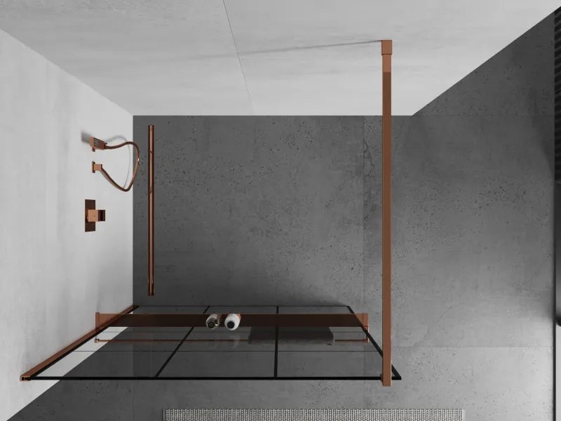 Mexen Kioto+, sprchová zástěna s poličkou a držákem na ručníky 110 x 200 cm, 8mm čiré sklo vzor černý, profil růžové zlato, 800-110-121-60-77