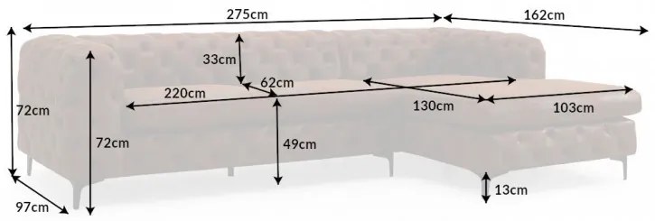 Designová rohová sedačka Rococo 275 cm antik hnědá - pravá