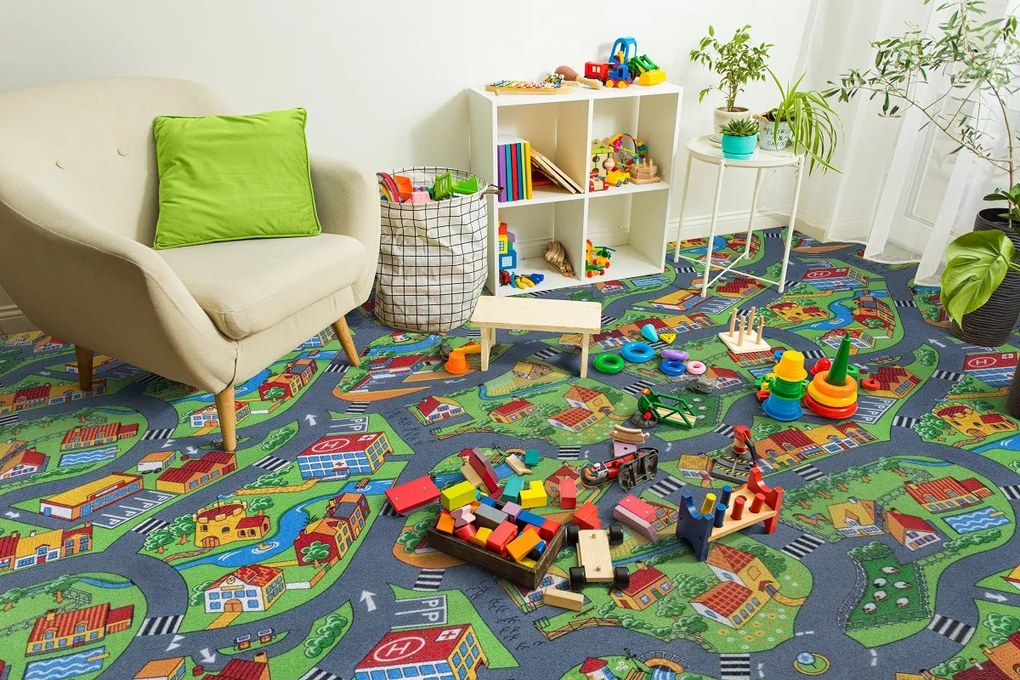 Associated Weavers, Dětský metrážový koberec Little Village 90, na míru, šíře 3m,4m, vícebarevná, filc, dětský pokoj