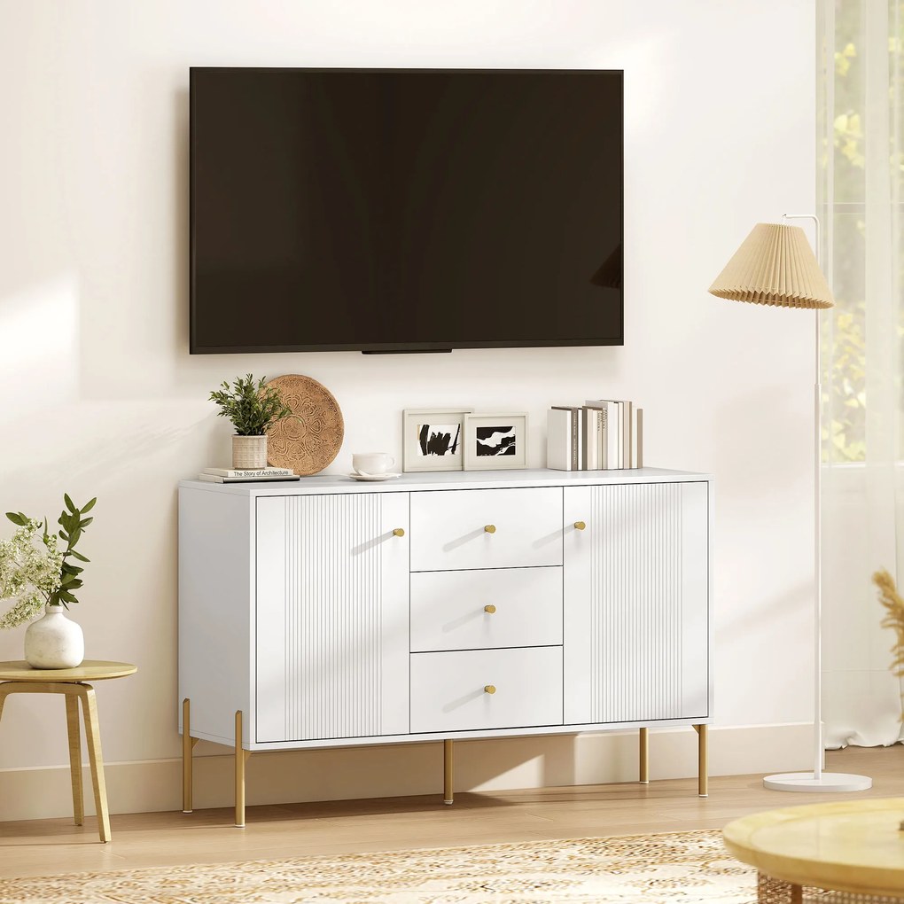 HOMCOM Moderní sideboard, nábytek do kávového koutku se 3 tichými zásuvkami, 2 nastavitelné police, 5 kovových nohou, bílé