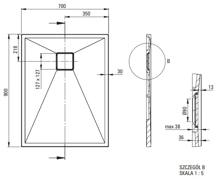 Deante Correo, obdélníková granitová sprchová vanička 90x70x3, 5 cm, antracitová metalíza, DEA-KQR_T71B