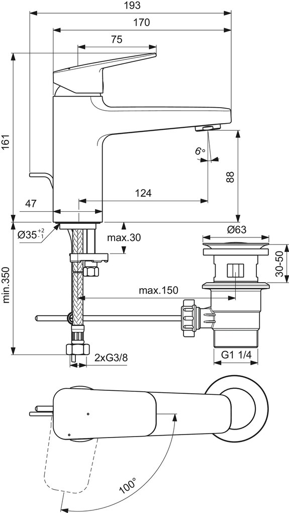 Ideal Standard Ceraplan - Umyvadlová baterie Grande s BlueStart s plastovou odtokovou garniturou, chrom BD226AA