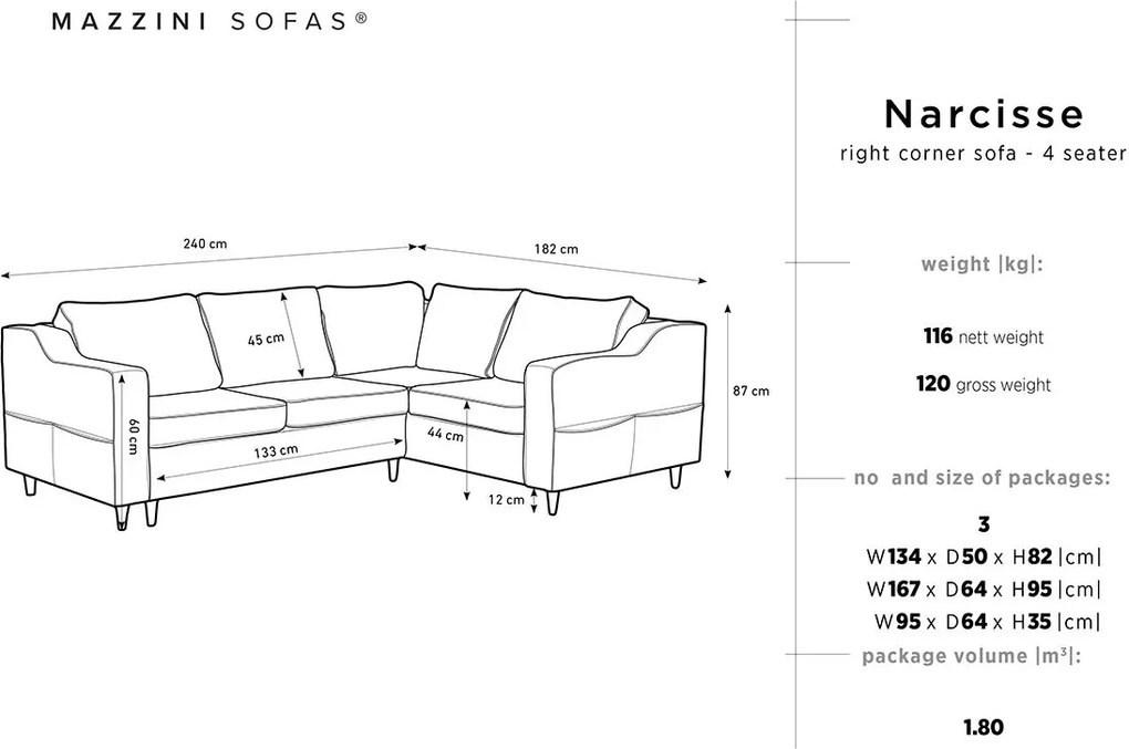 MAZZINI SOFAS Pětimístná rozkládací pohovka s úložným prostorem Narcisse pravý roh