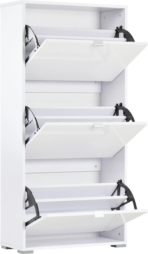 HOMCOM Skříň na boty s 3 výklopnými dvířky a 3 přihrádkami, dřevo 60L x 26Š x 124V cm, vysoce lesklá bílá