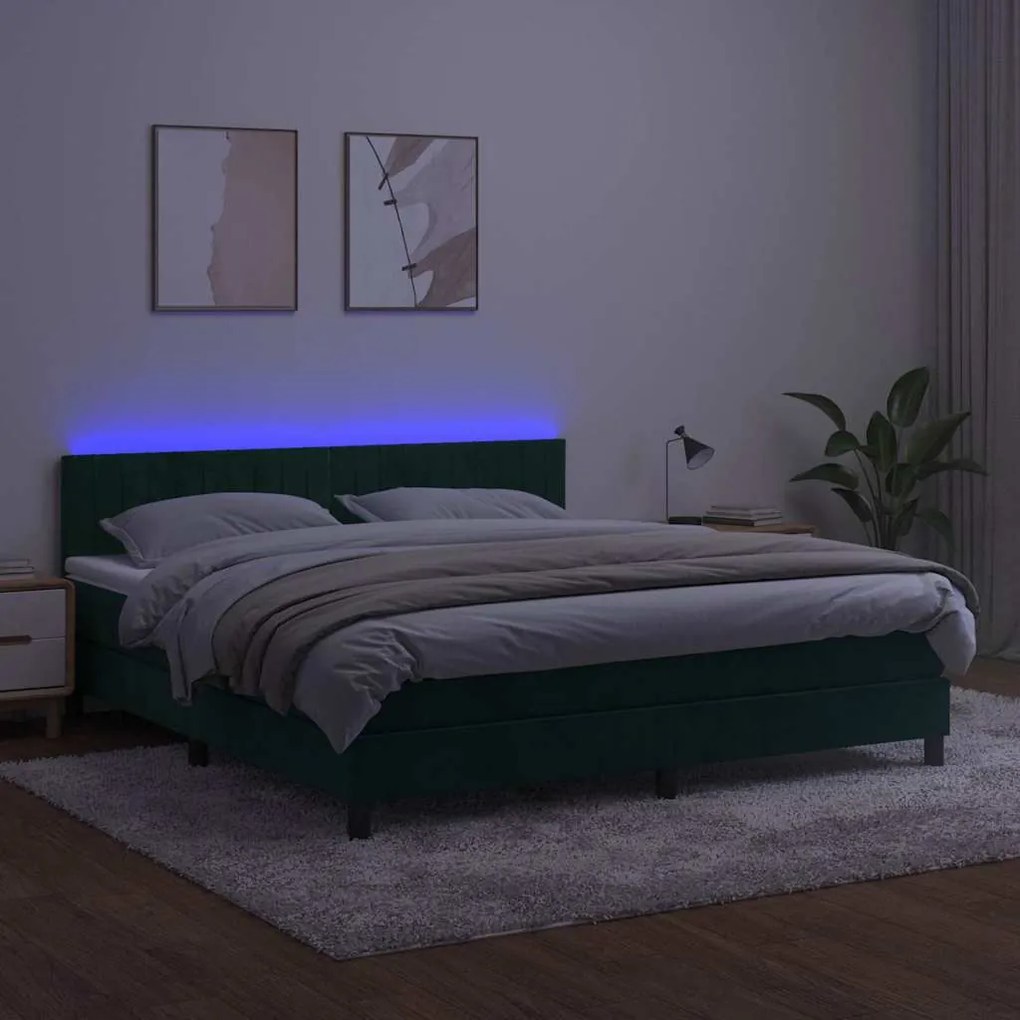 Box spring postel s matrací a LED tmavě zelená 160x200 cm samet 3134534
