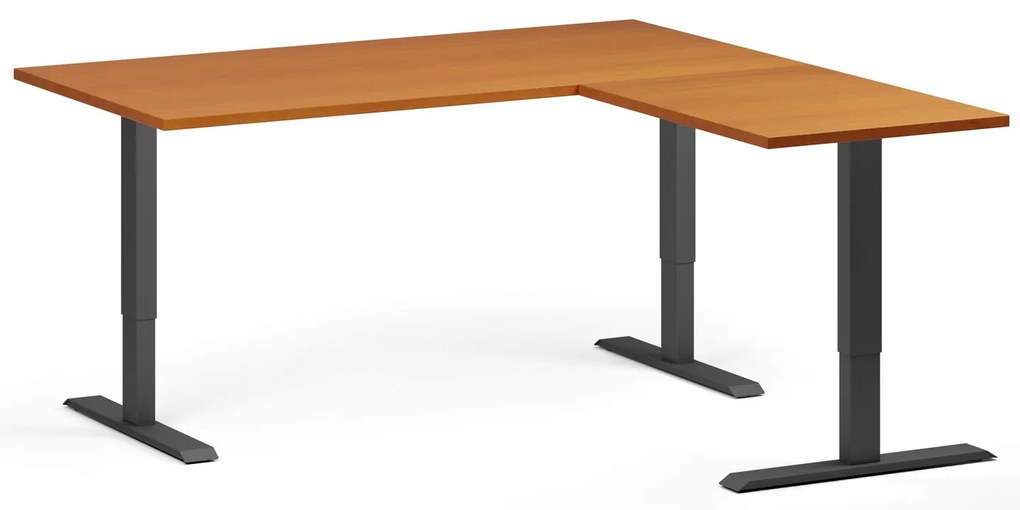 Rohový výškově nastavitelný stůl, 160x160 cm, 3 motory, L/P, černá podnož, třešeň