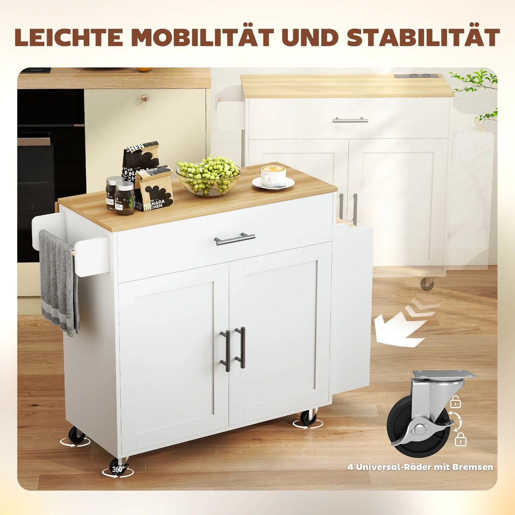 HOMCOM Kuchyňský ostrůvek, kuchyňský vozík na kolečkách, s sklápěcí pracovní deskou, zásuvkou, odkládacím prostorem, 120 x 68 x 85 cm, bílý