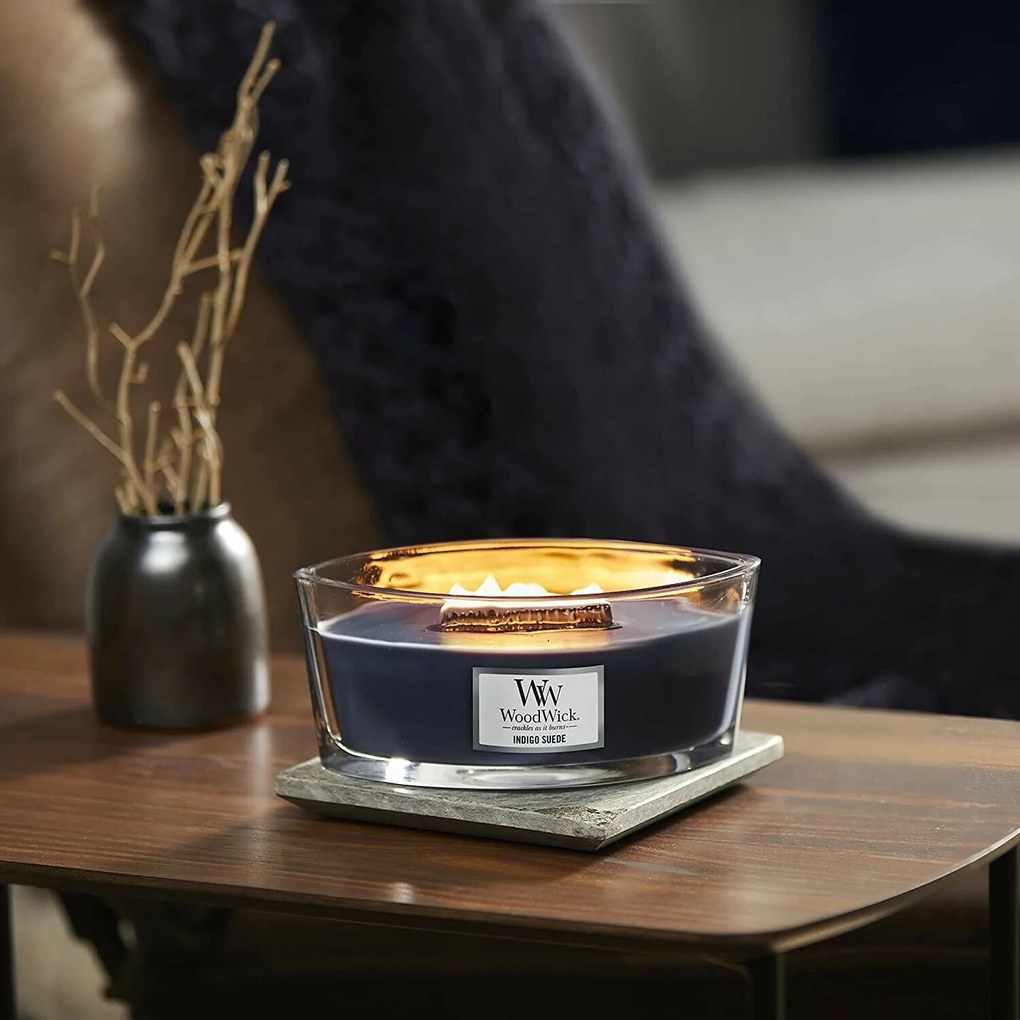 WoodWick – svíčka Indigo Suede (Modrý semiš), 453 g