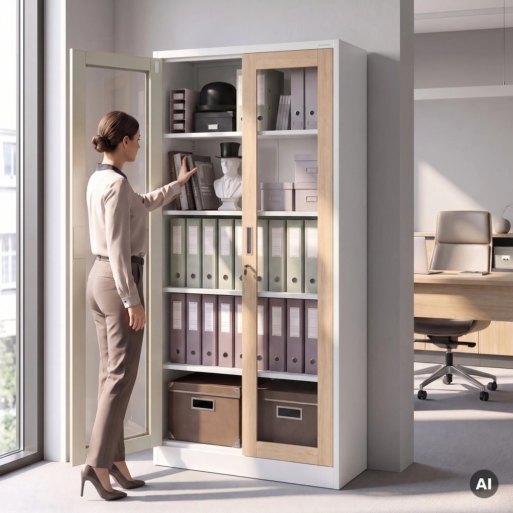 Kovová skříň s vitrínou bílá, dub sonoma, 900x1850x400 mm: AMELIA Eco Design