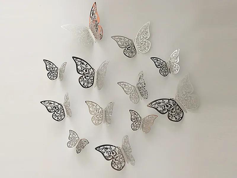 Nalepte.cz Luxusní 3D motýli na zeď stříbrní 12 ks 8 až 12 cm