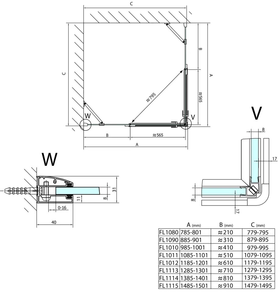 Polysan FORTIS obdélníkový sprchový kout 900x1100 mm, rohový vstup FL1090LFL1011R